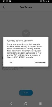 Swann Security App pairing error for SWIFI camera: Error: Failed to connect to device (Android ...
