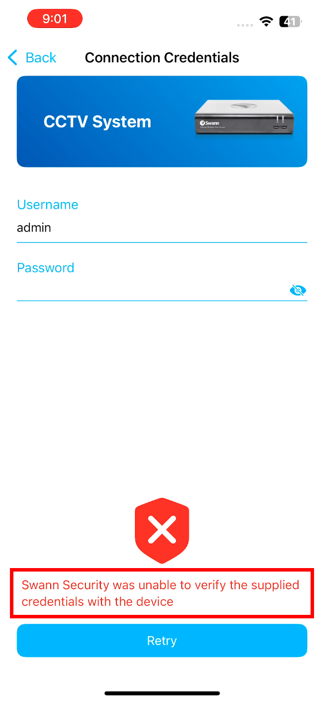 Error: Swann Security was unable to verify the supplied credentials with the device – Swann
